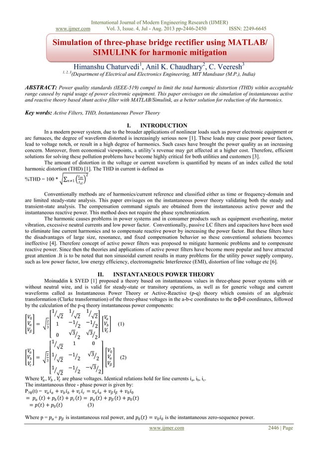 Simulation of three-phase bridge rectifier using MATLAB/ SIMULINK for harmonic mitigation | PDF