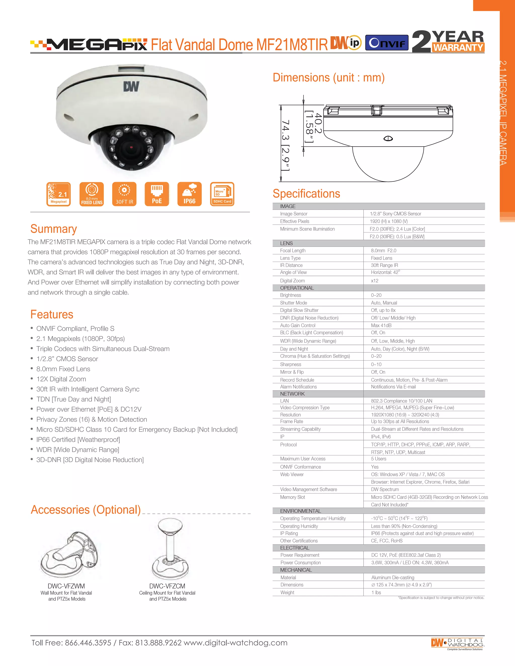 Digital Watchdog DWC-MF21M8TIR Data Sheet | PDF
