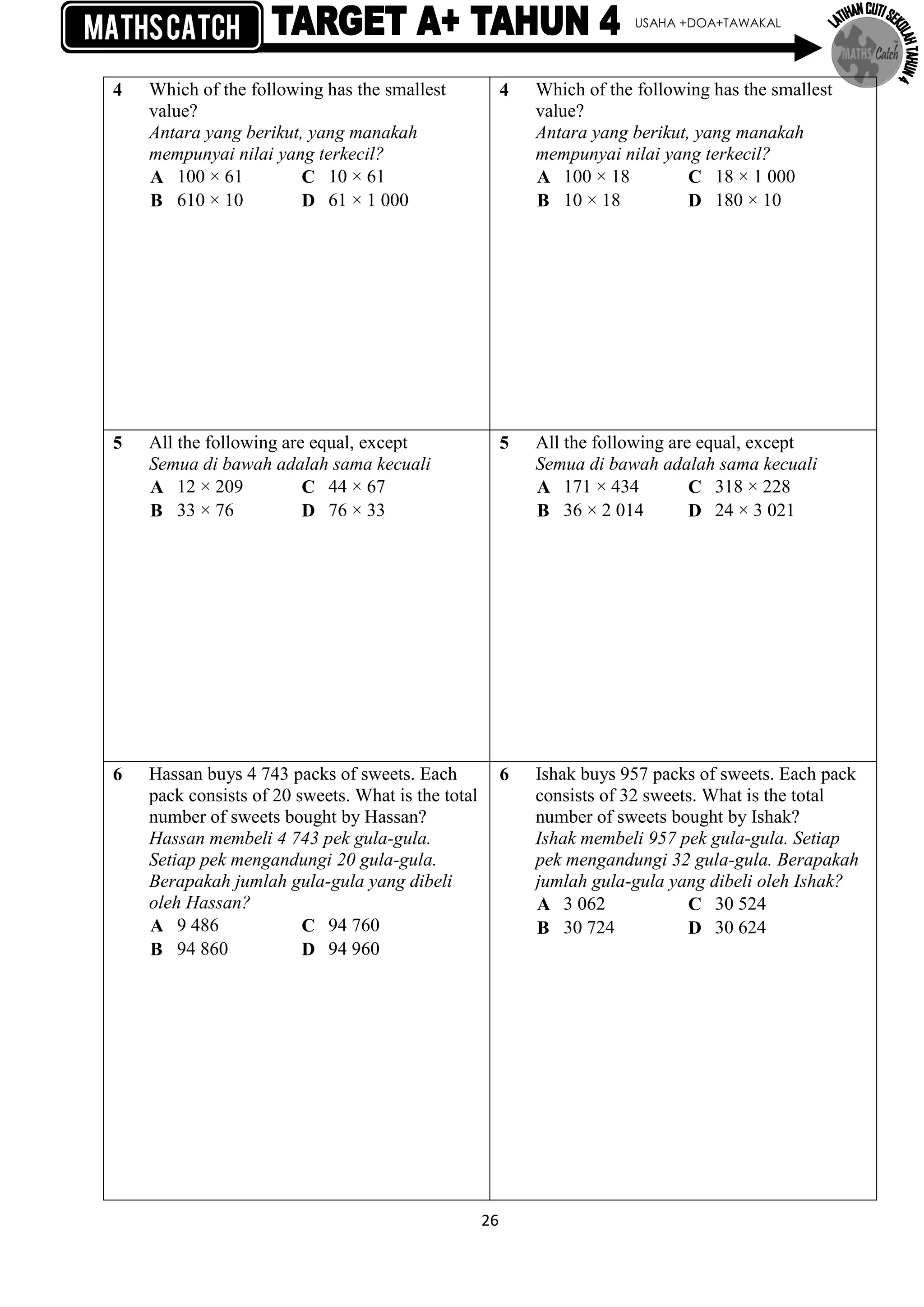 [Dwibahasa] modul latihan asas matematik tahun 4 | PDF