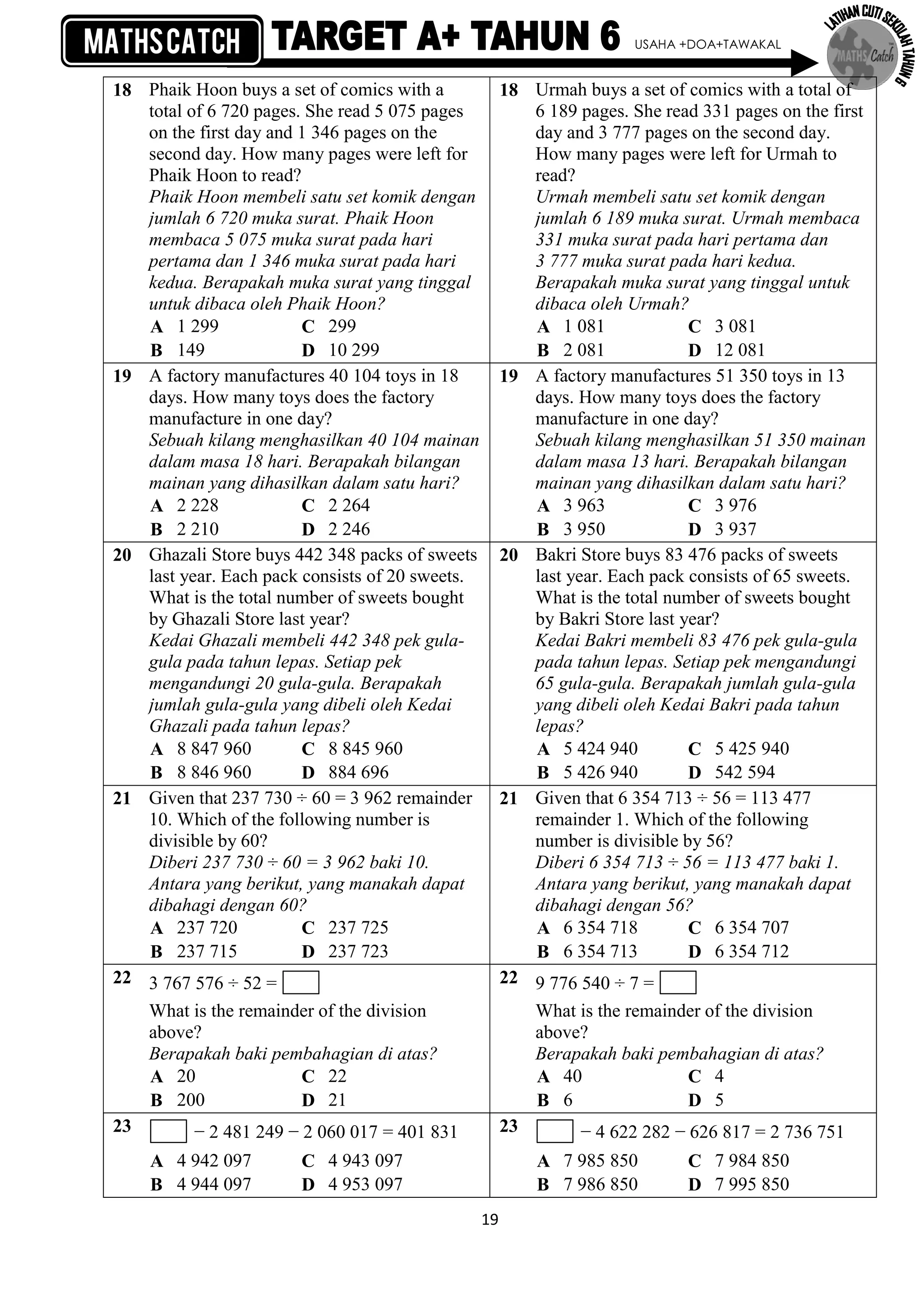 [Dwibahasa] modul latihan asas matematik tahun 6 | PDF