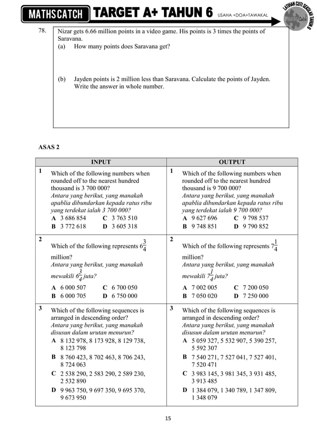 [Dwibahasa] modul latihan asas matematik tahun 6 | PDF