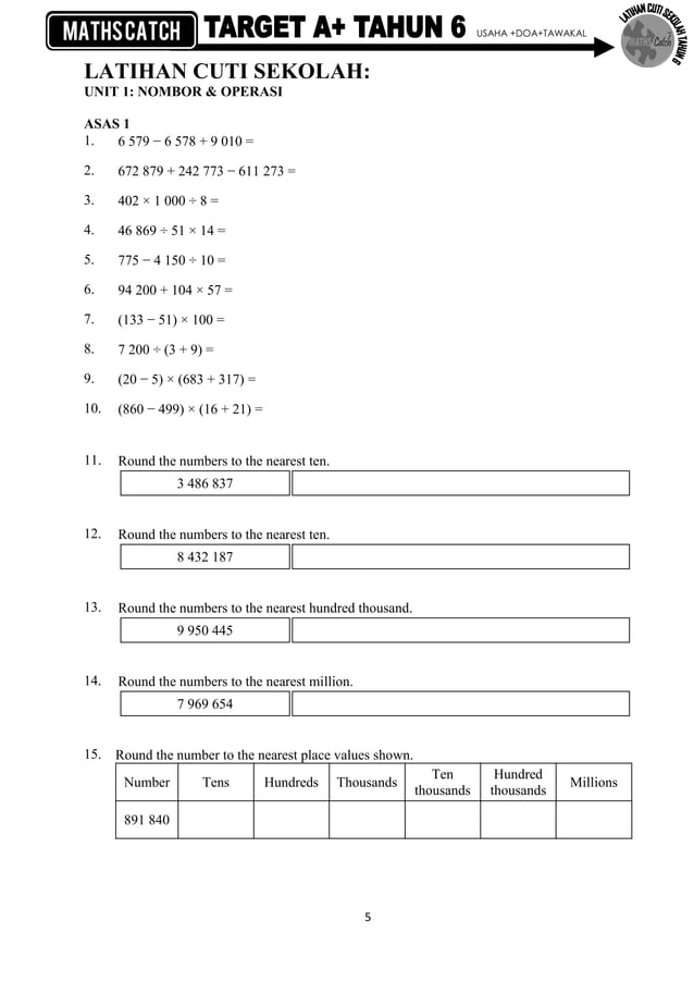 [Dwibahasa] modul latihan asas matematik tahun 6 | PDF