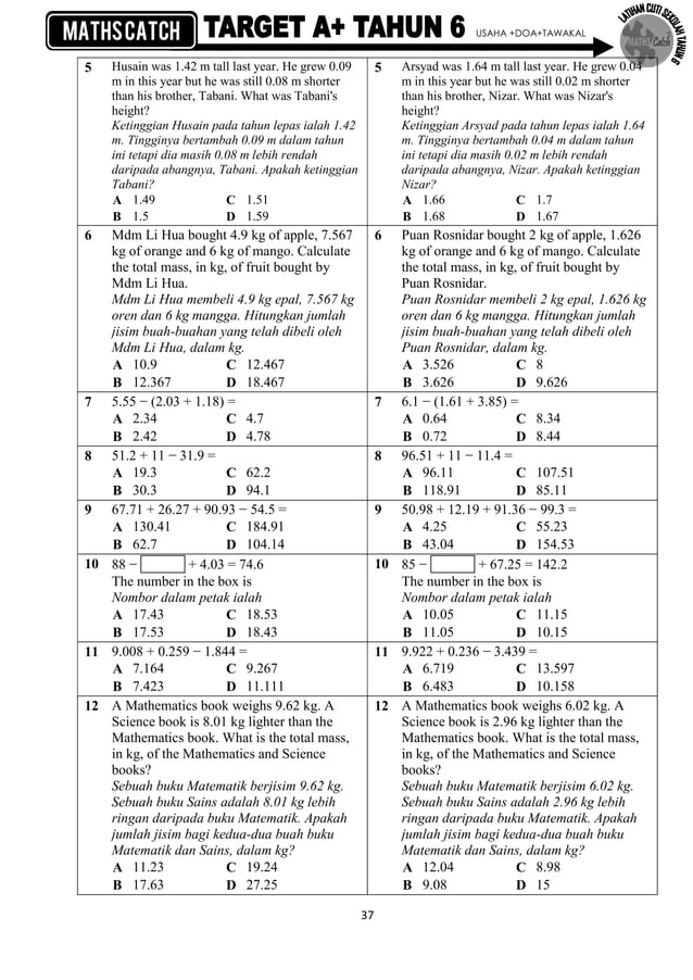 [Dwibahasa] modul latihan asas matematik tahun 6 | PDF