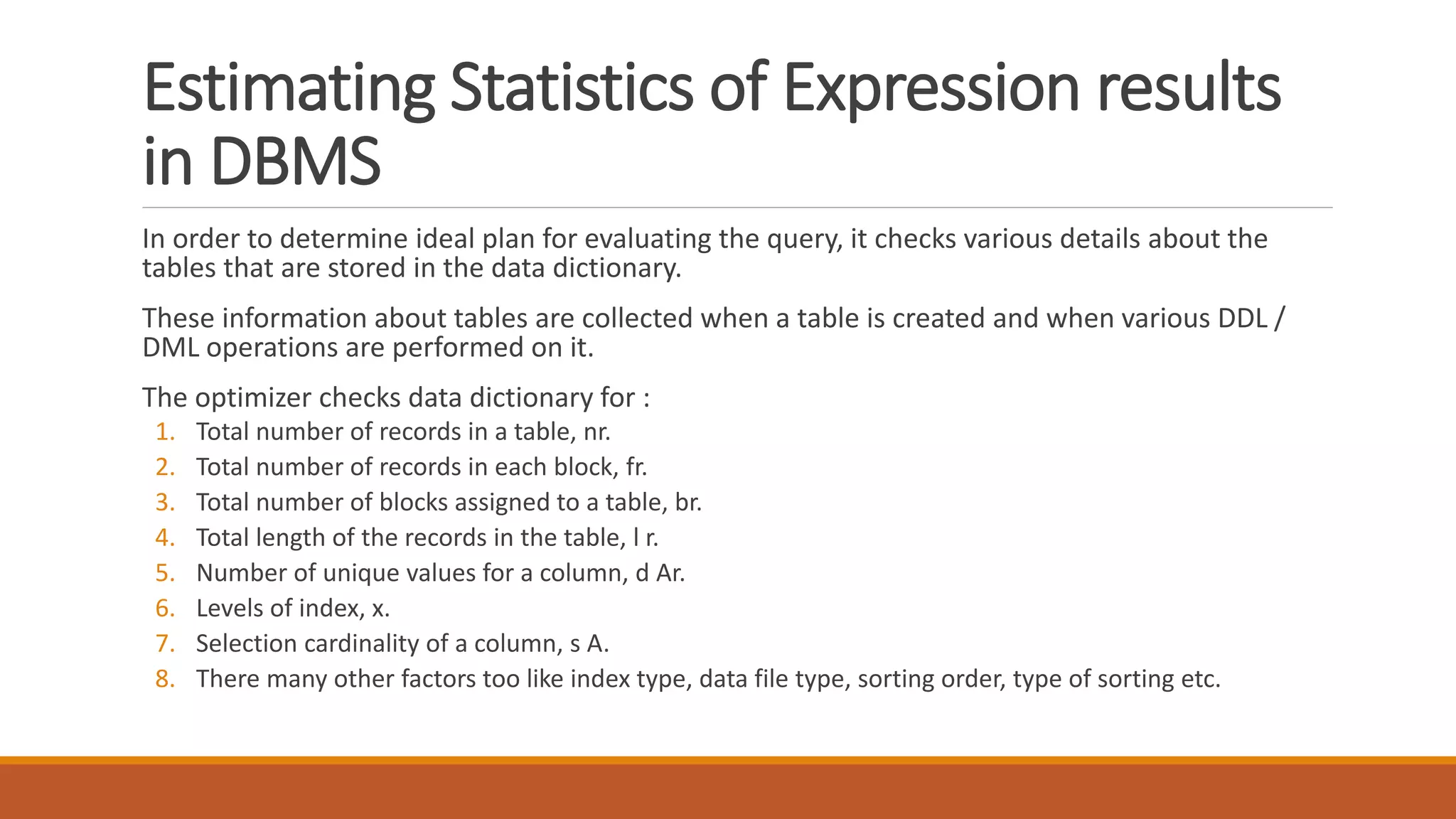 evaluation of statistical expression, materialised views, evaluation ...