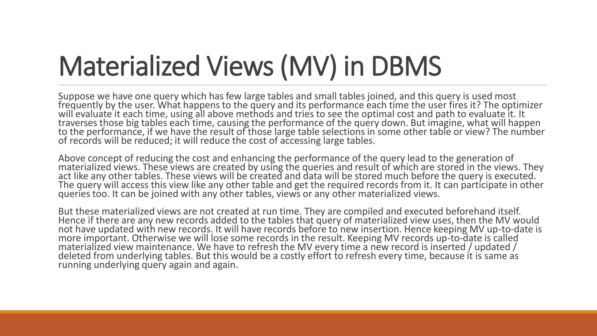 evaluation of statistical expression, materialised views, evaluation ...