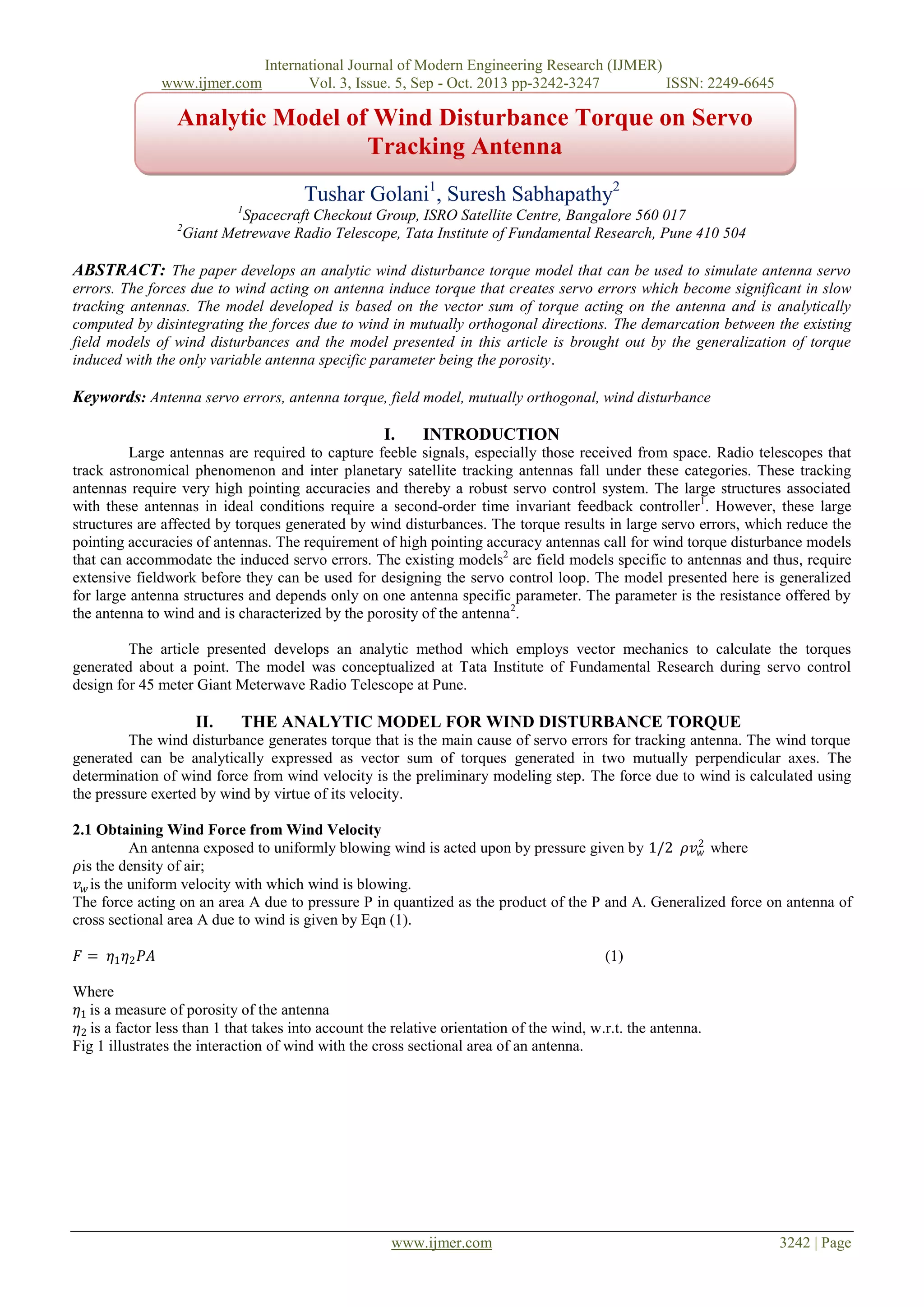 Analytic Model of Wind Disturbance Torque on Servo Tracking Antenna | PDF