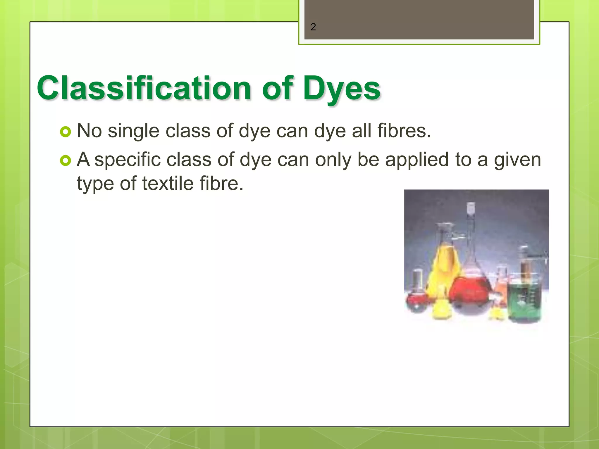 Dye classification and dying process | PPTX | Chemistry | Science