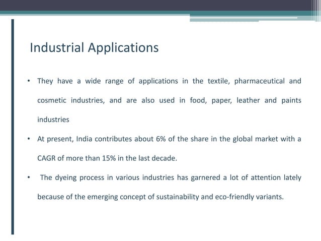 IMPACT OF DYES ON ENVIRONMENT & REMEDIATION | PPTX | Environmental ...