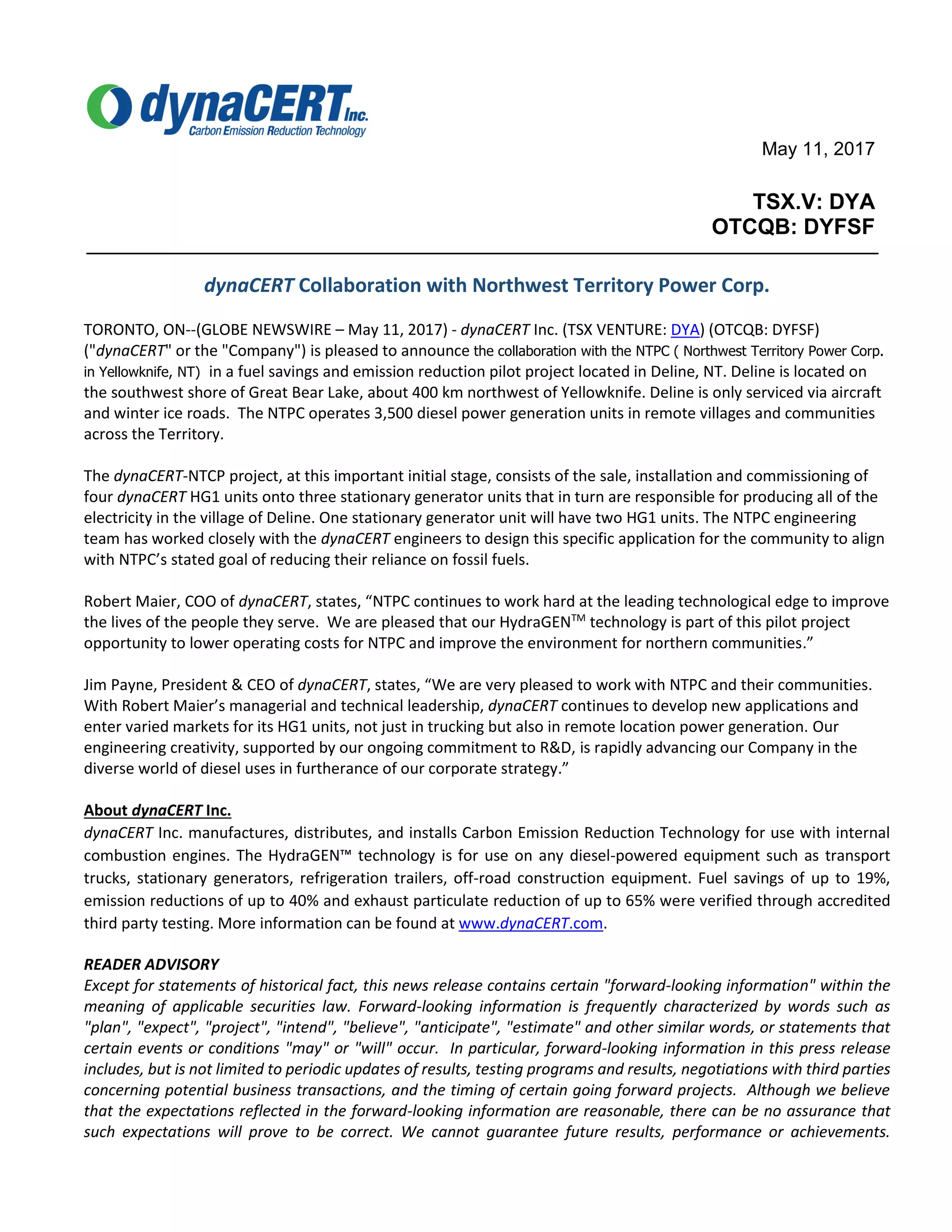 dynaCERT and NTPC press release | PDF