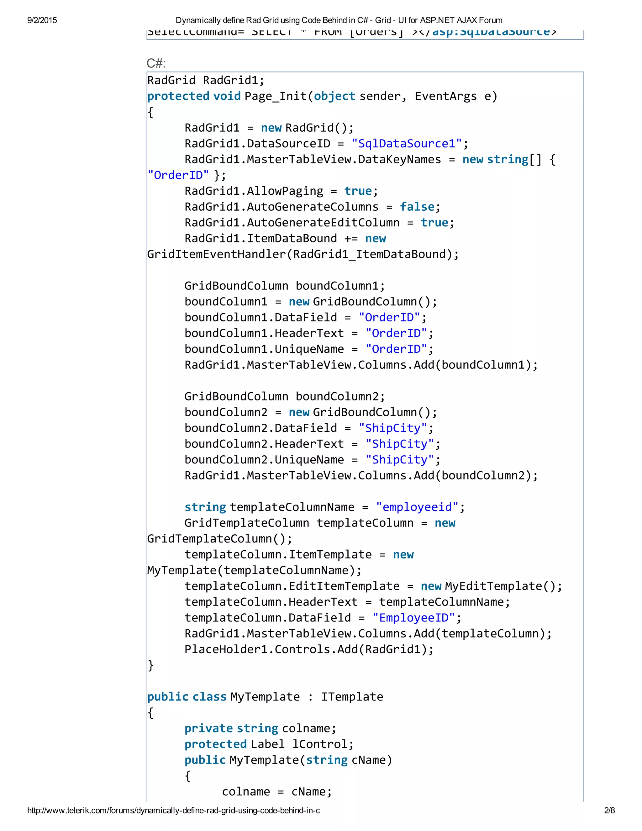 Dynamically define rad grid using code behind in c# grid - ui for asp | PDF