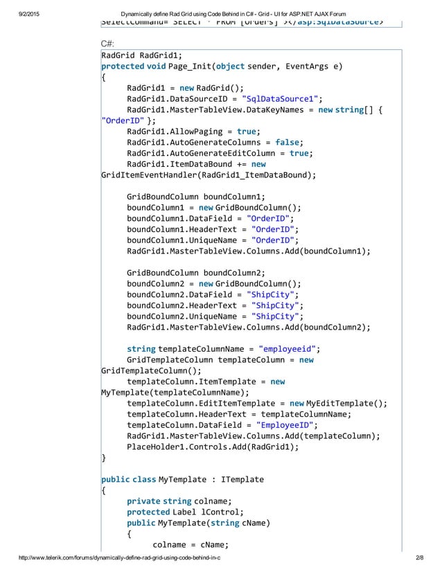 Dynamically define rad grid using code behind in c# grid - ui for asp | PDF