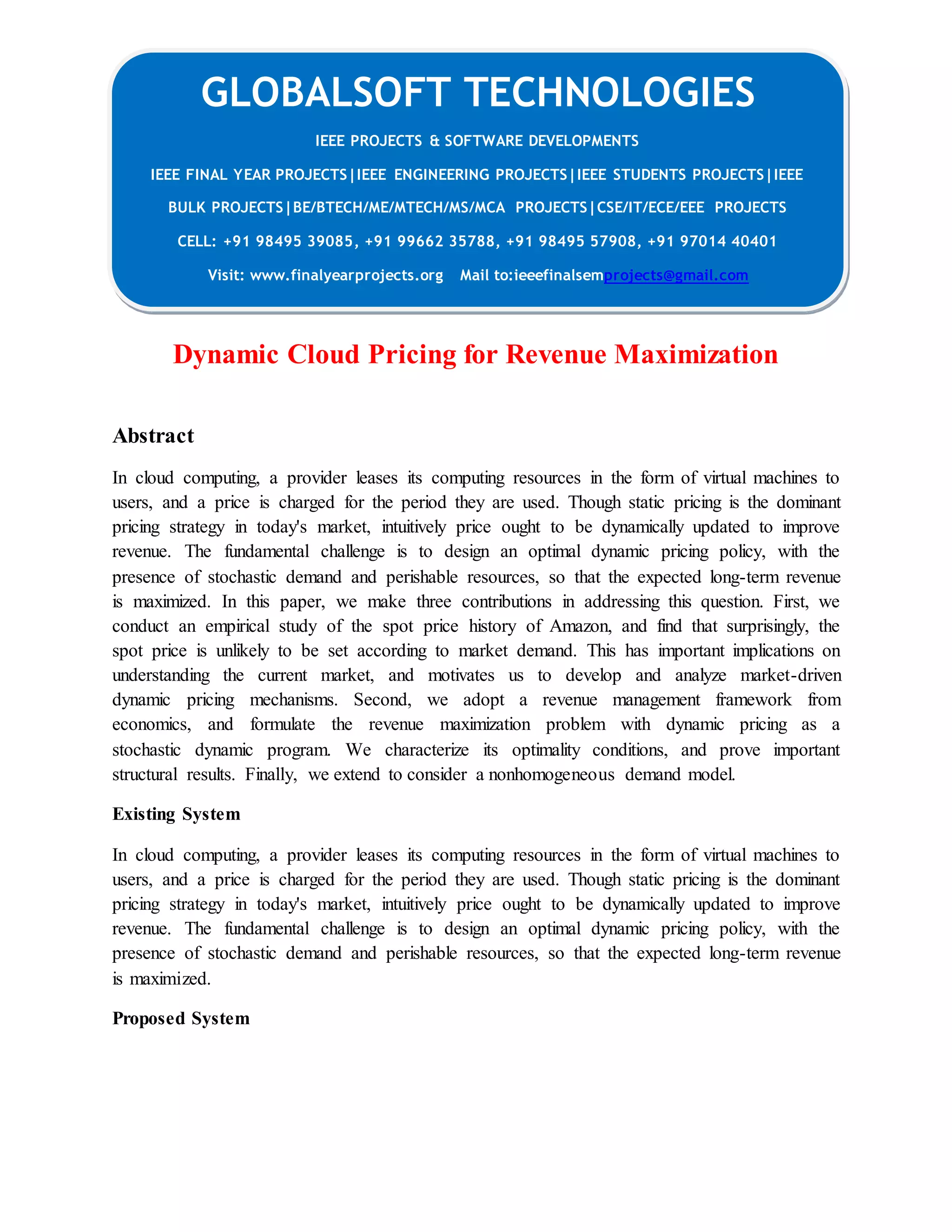 2014 IEEE JAVA CLOUD COMPUTING PROJECT Dynamic cloud pricing for revenue maximization | PDF