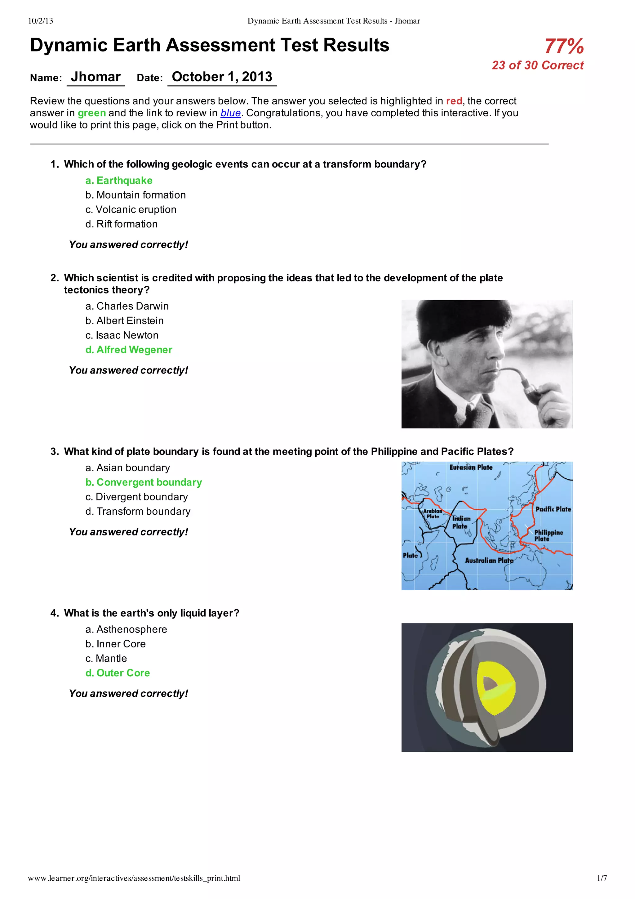 Dynamic earth assessment test results jhomar | PDF