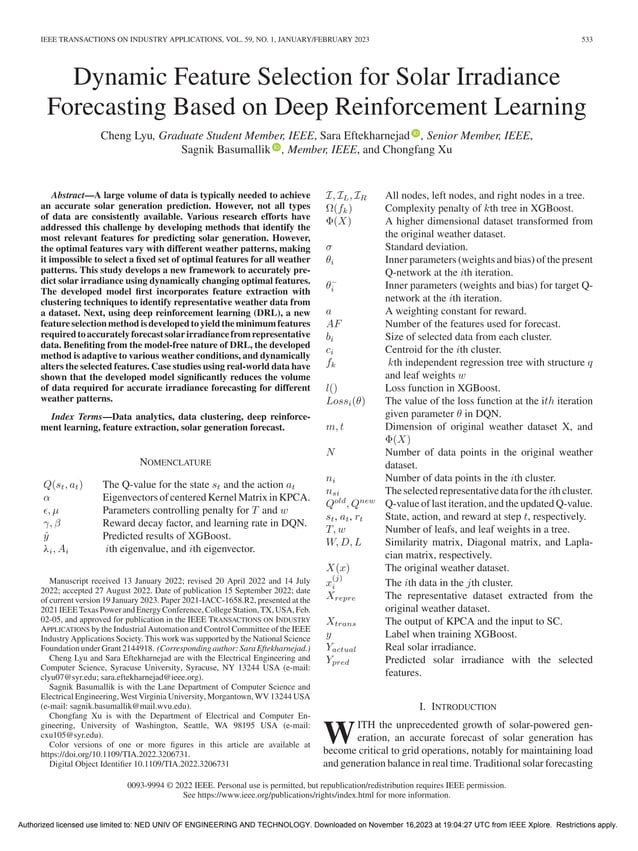 Dynamic Feature Selection For Solar Irradiance Forecasting Based On