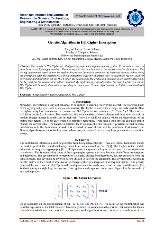 Genetic Algorithm in Hill Cipher Encryption | PDF