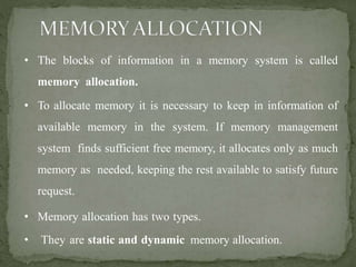 Dynamic memory allocation | PPTX | Data Storage and Warehousing | Computing