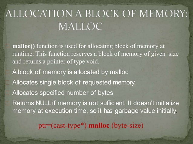Dynamic memory allocation | PPTX | Data Storage and Warehousing | Computing
