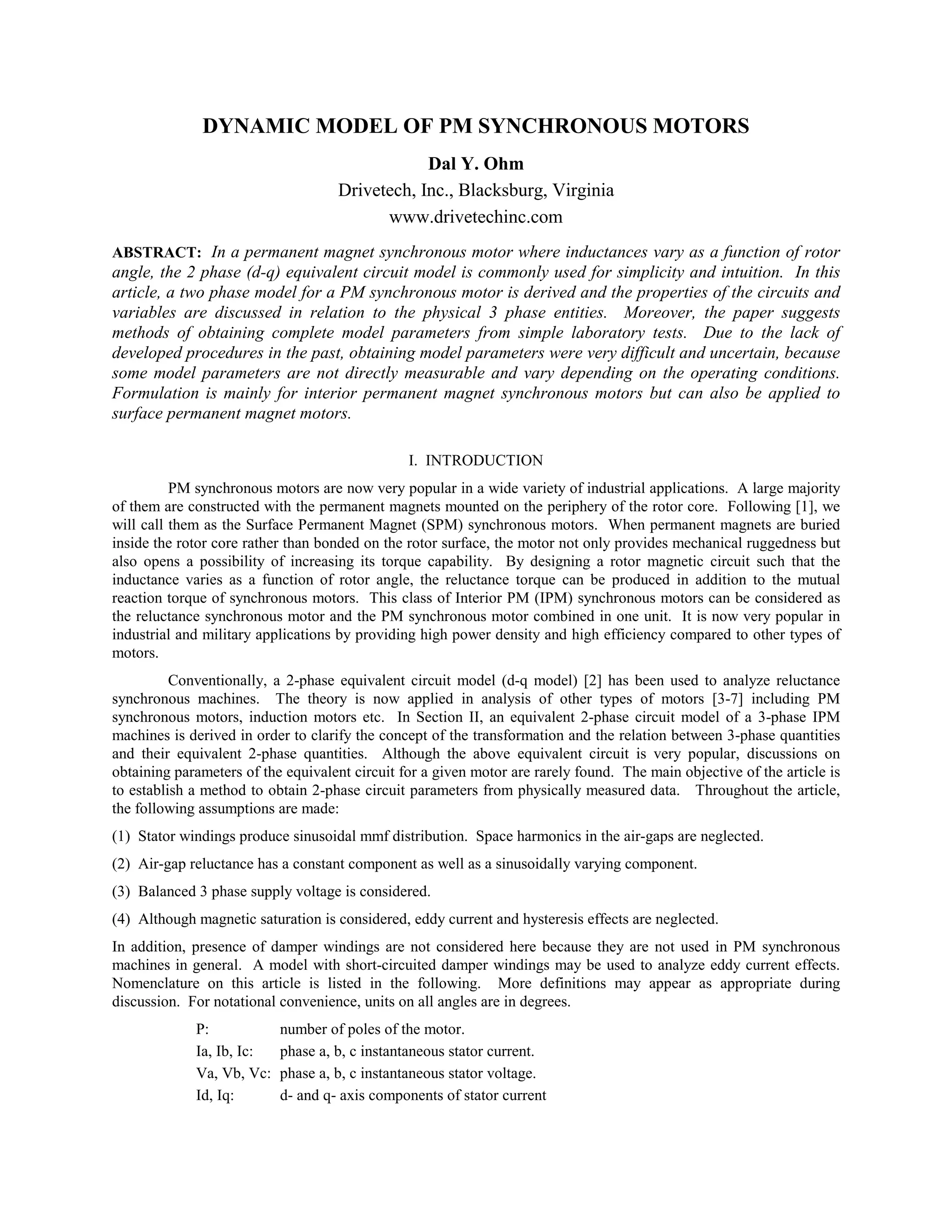 Dynamic model of pmsm dal y.ohm