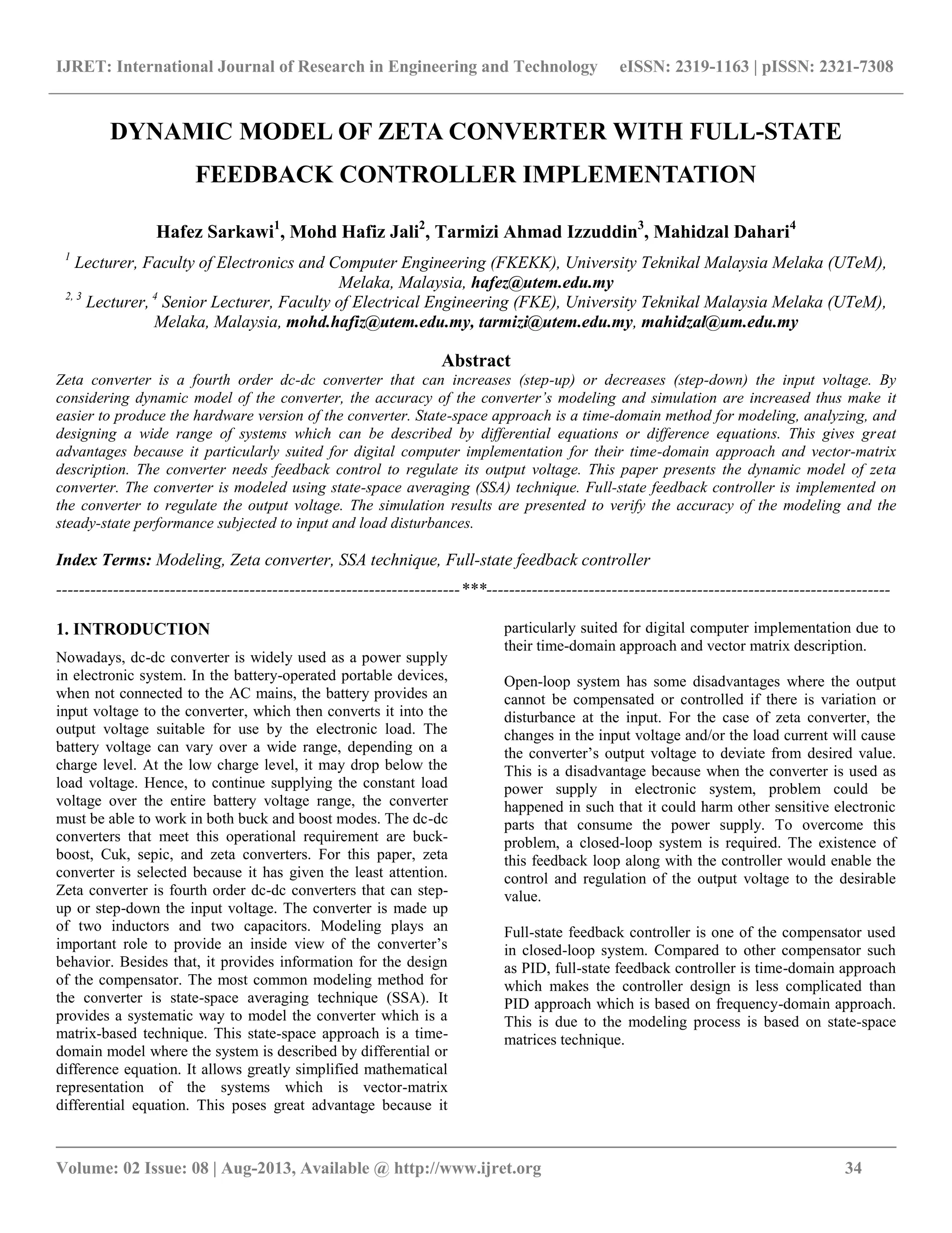 Dynamic model of zeta converter with full state feedback controller implementation | PDF