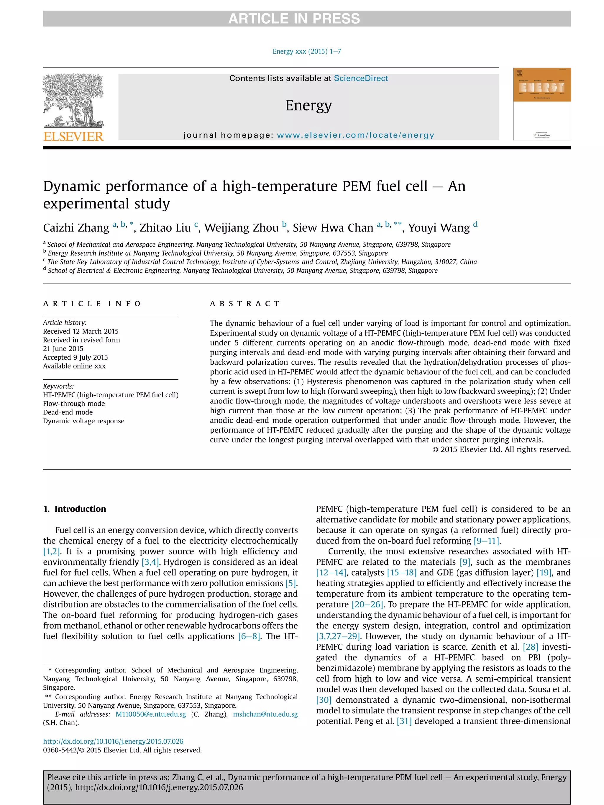 Dynamic performance of a high temperature pem fuel cell e an ...