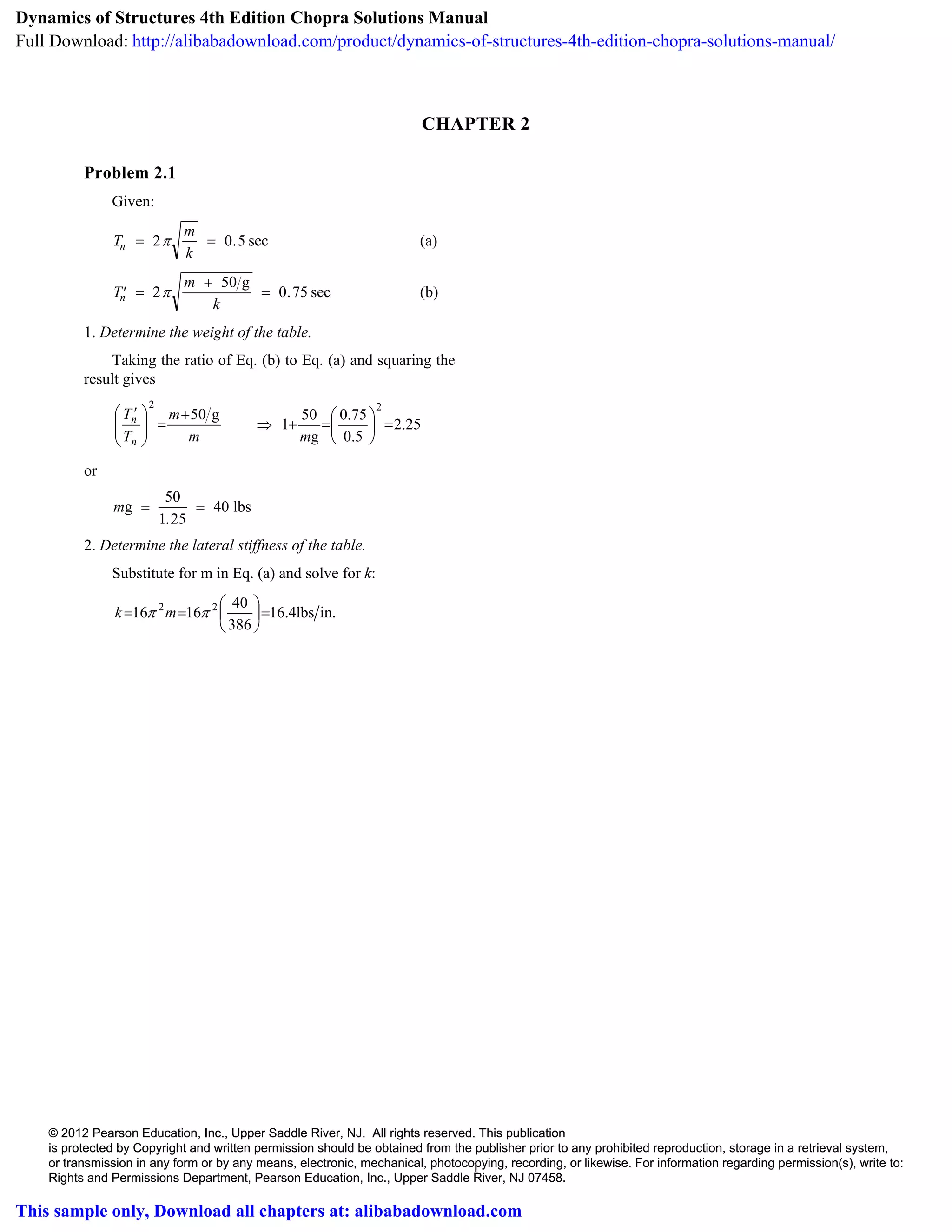 Dynamics of Structures 4th Edition Chopra Solutions Manual | PDF