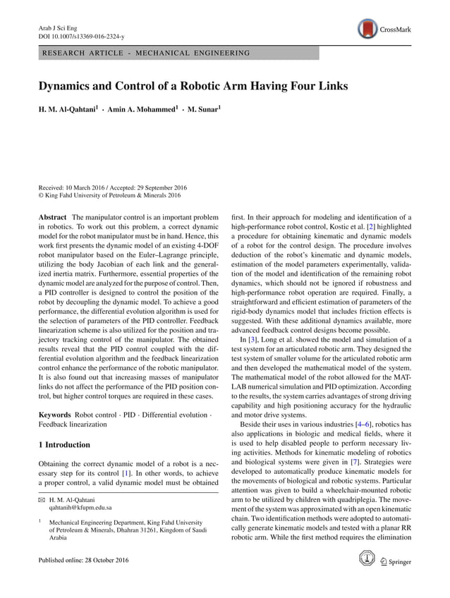 Dynamics And Control Of A Robotic Arm Having Four Links Pdf