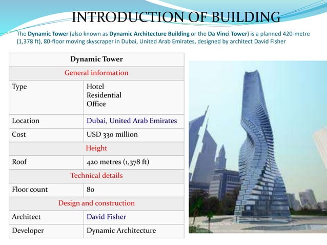 DYNAMIC/ DA VINCI/ROTATING TOWER,DUBAI | PPTX | Construction Industry ...
