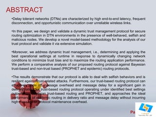 Dynamic trust management for delay tolerant networks and its application to secure routing | PPT