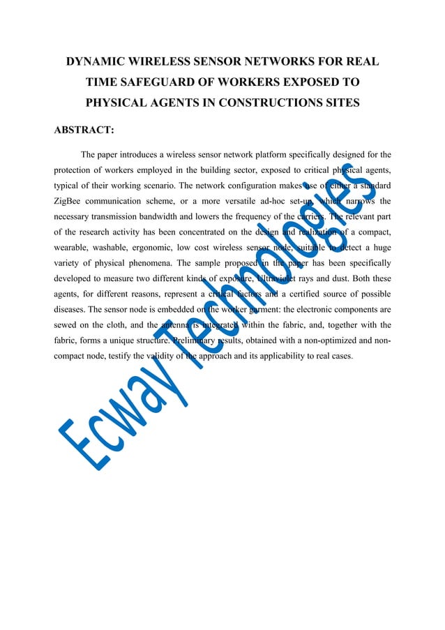 Dynamic wireless sensor networks for real time safeguard of workers exposed to physical agents ...