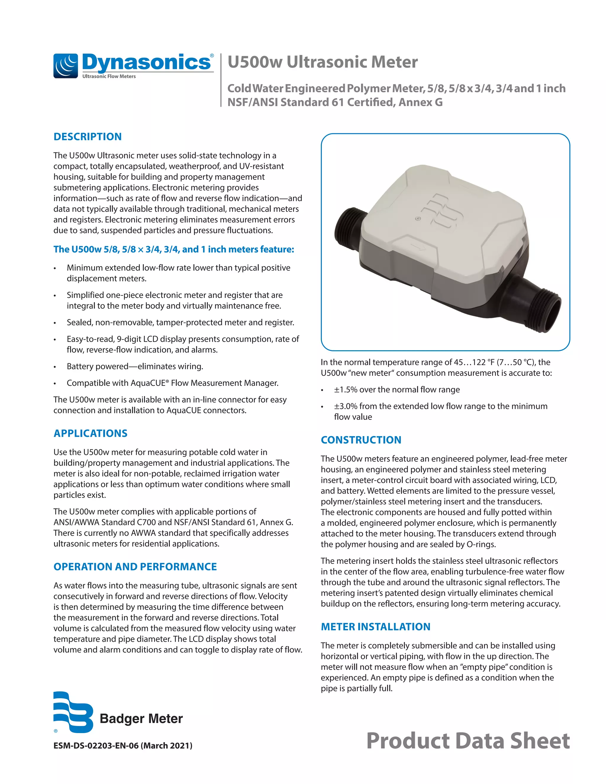 Dynasonics u500w datasheet badger meter ultrasonic cold water meter_product line 2 | PDF