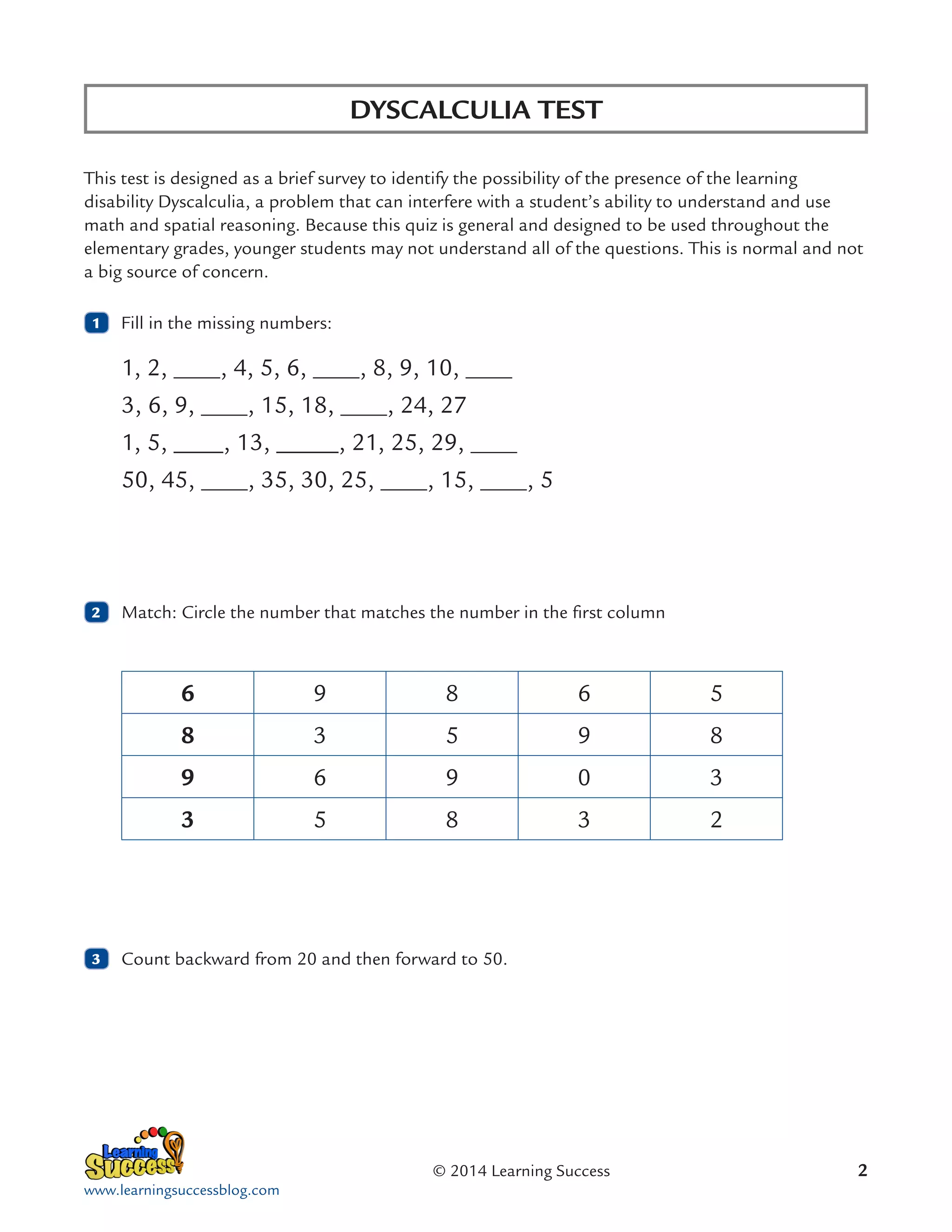 Dyscalculia test revised | PDF