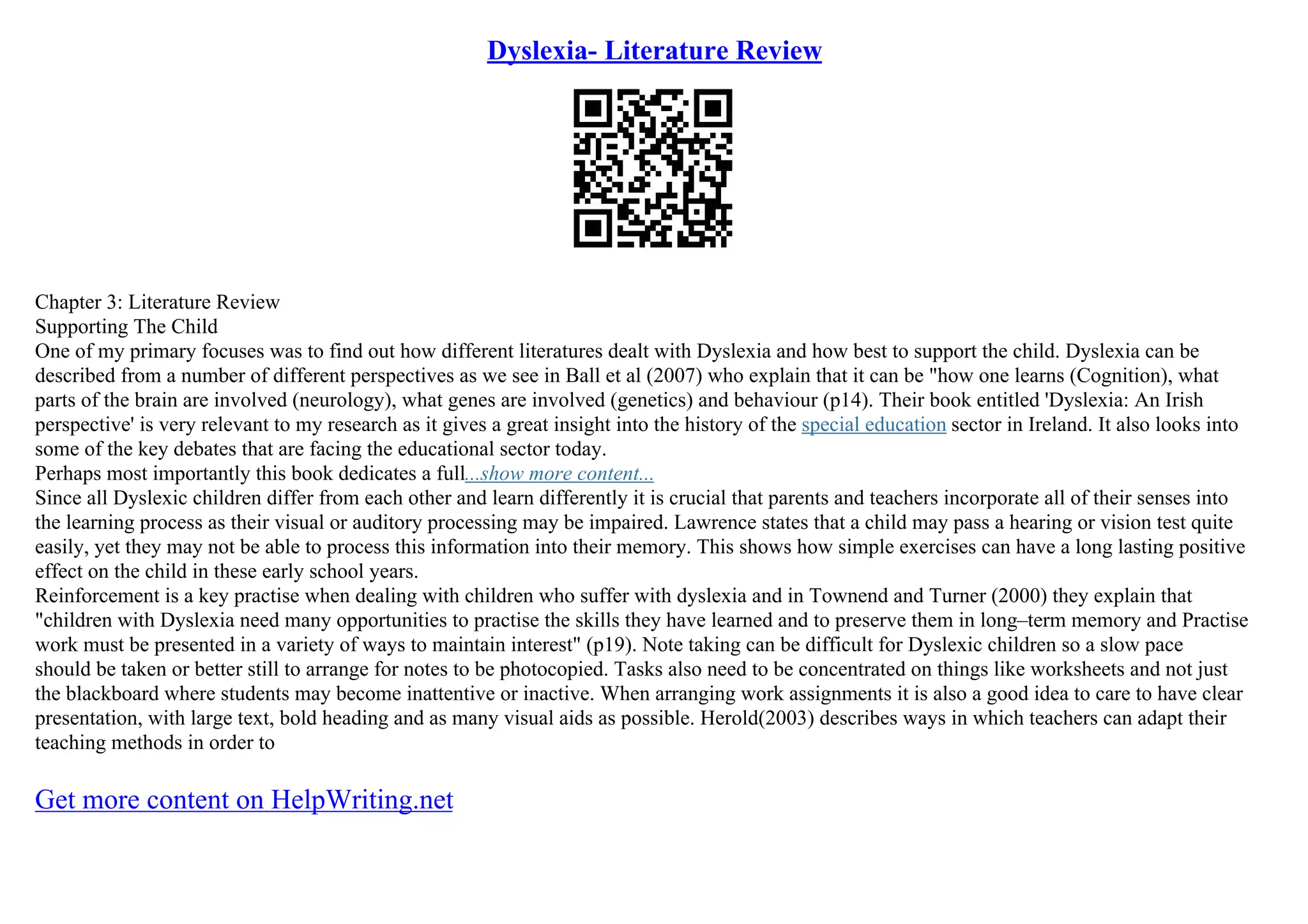 Dyslexia- Literature Review | PDF