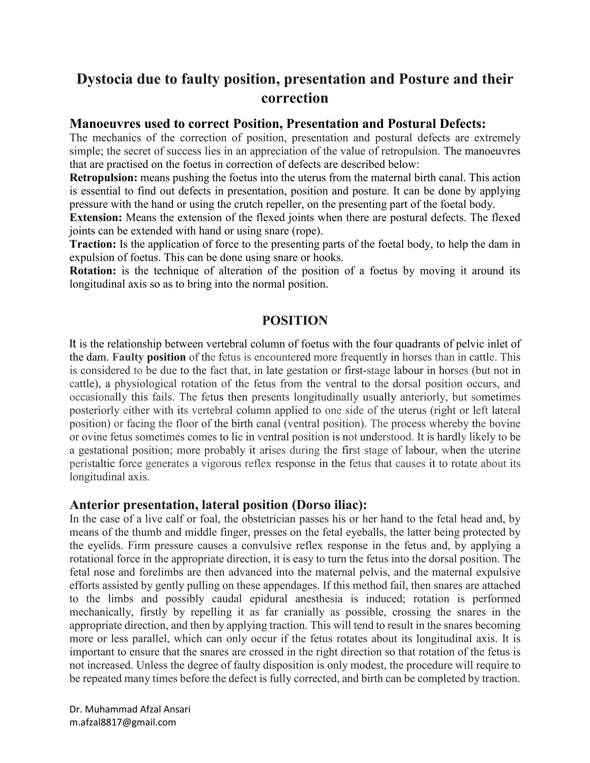 Dystocia due to faulty position, presentation and posture and their ...