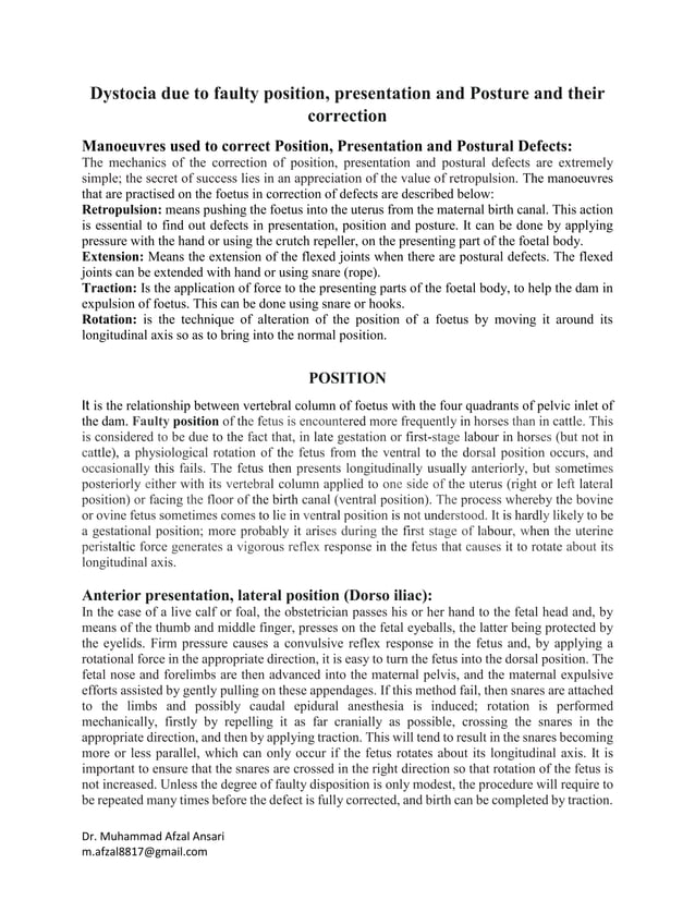 Dystocia due to faulty position, presentation and posture and their ...