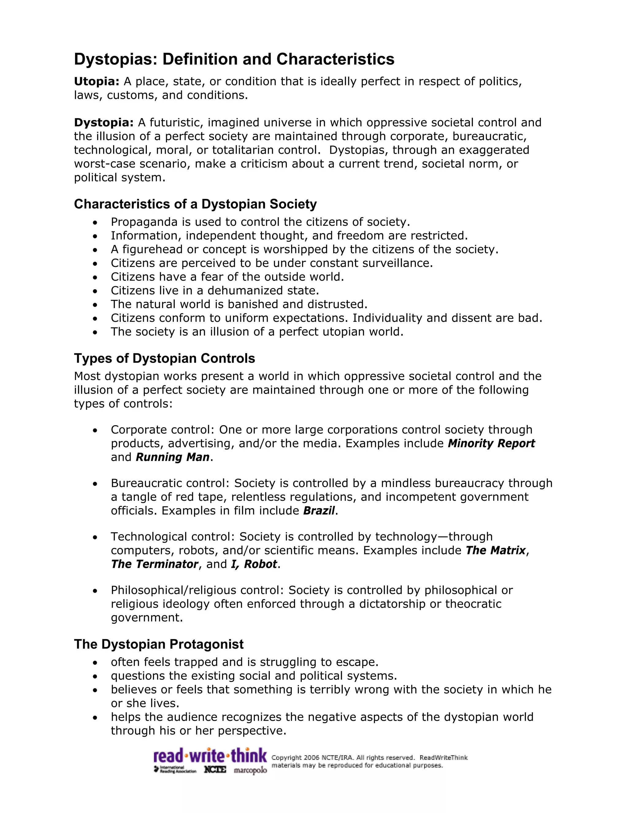 Dystopian Definitions and Characteristics | PDF