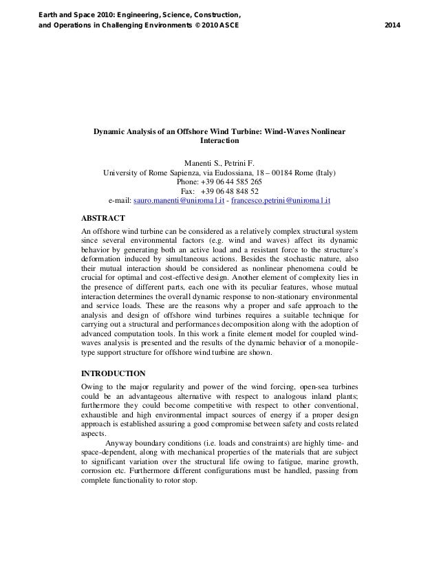 Dynamic Analysis Of An Offshore Wind Turbine Wind Waves Nonlinear I