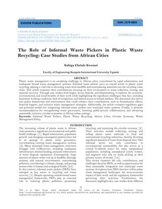 The Role of Informal Waste Pickers in Plastic Waste Recycling: Case ...