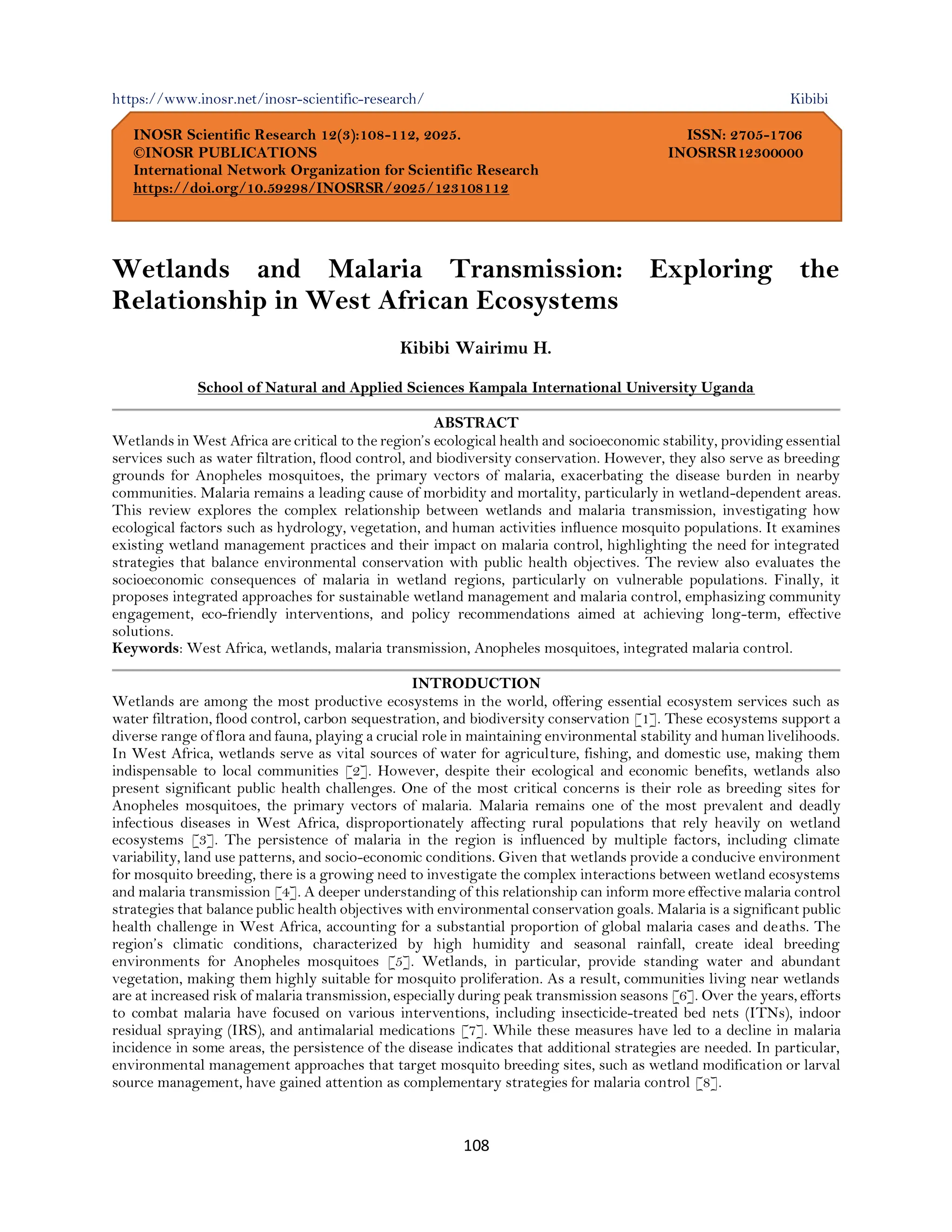 Wetlands and Malaria Transmission: Exploring the Relationship in West ...