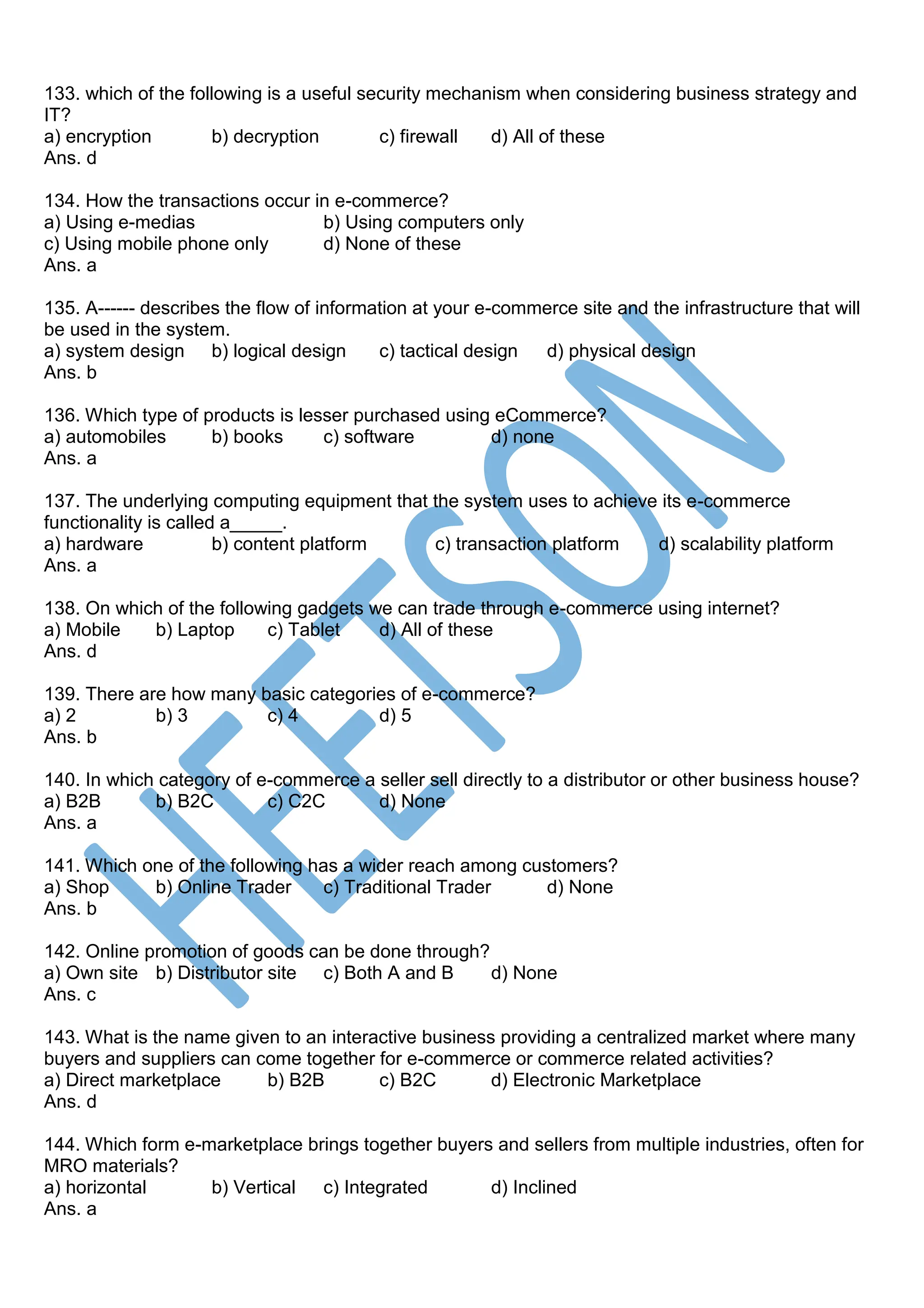 E-Commerce MCQ Questions and Answers for Competitive Exams | PDF