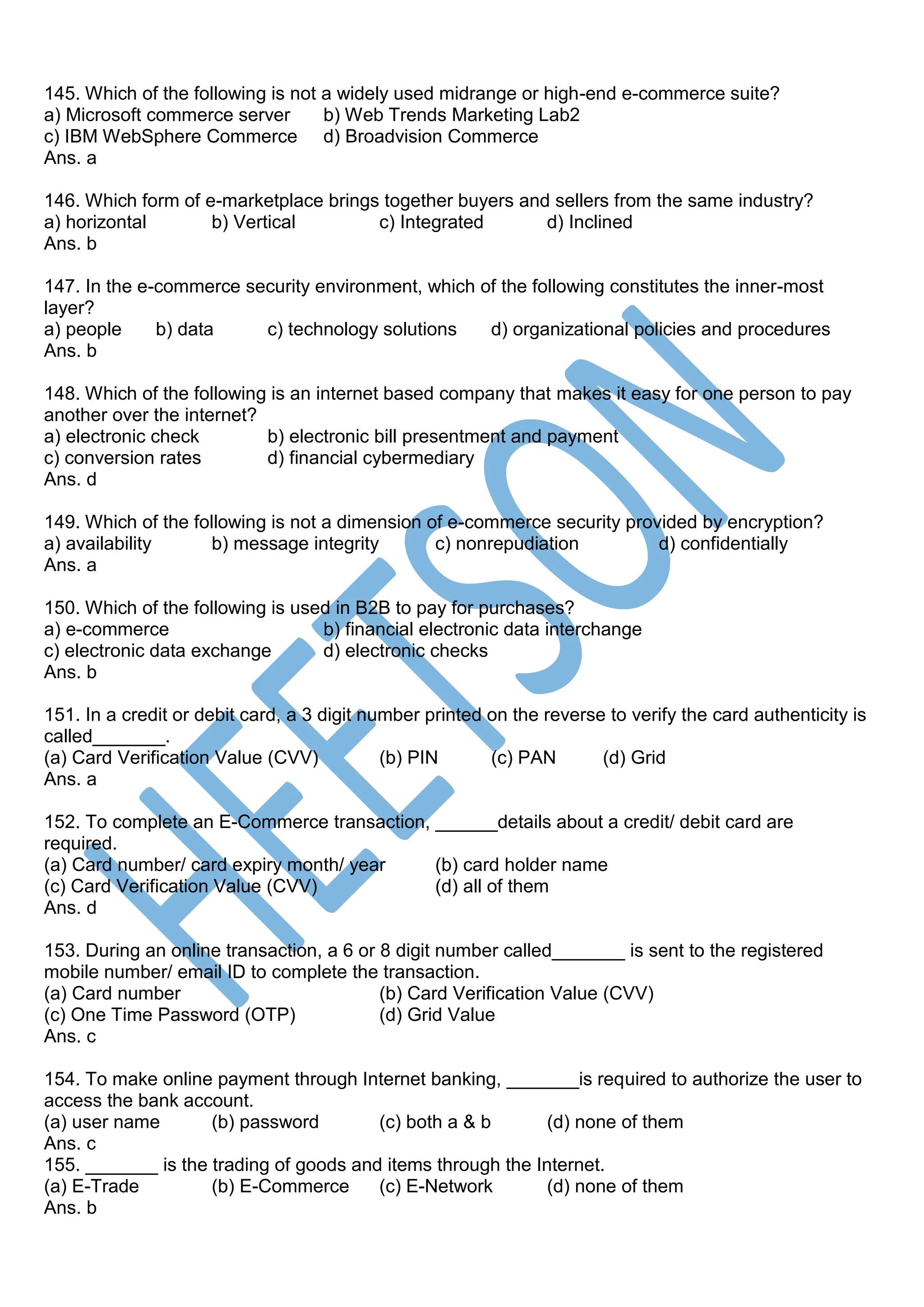 E-Commerce MCQ Questions and Answers for Competitive Exams | PDF
