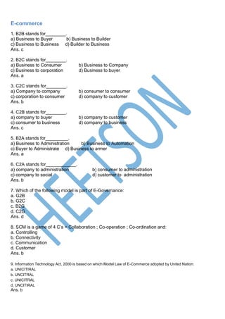 E-Commerce MCQ Questions and Answers for Competitive Exams | PDF