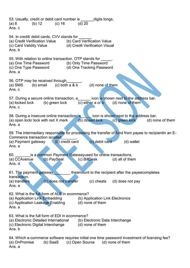E-Commerce MCQ Questions and Answers for Competitive Exams | PDF