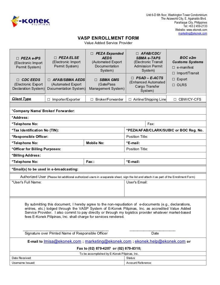 E konek vasp enrollment form