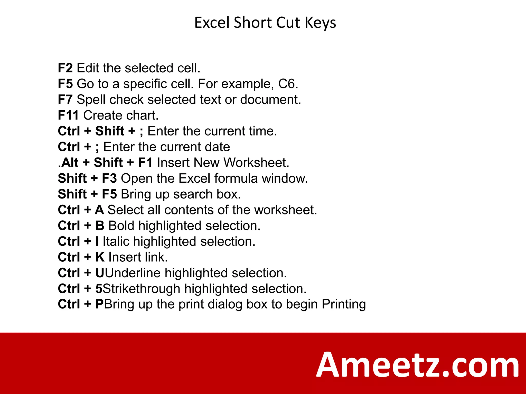 E learning excel short cut keys | PPTX