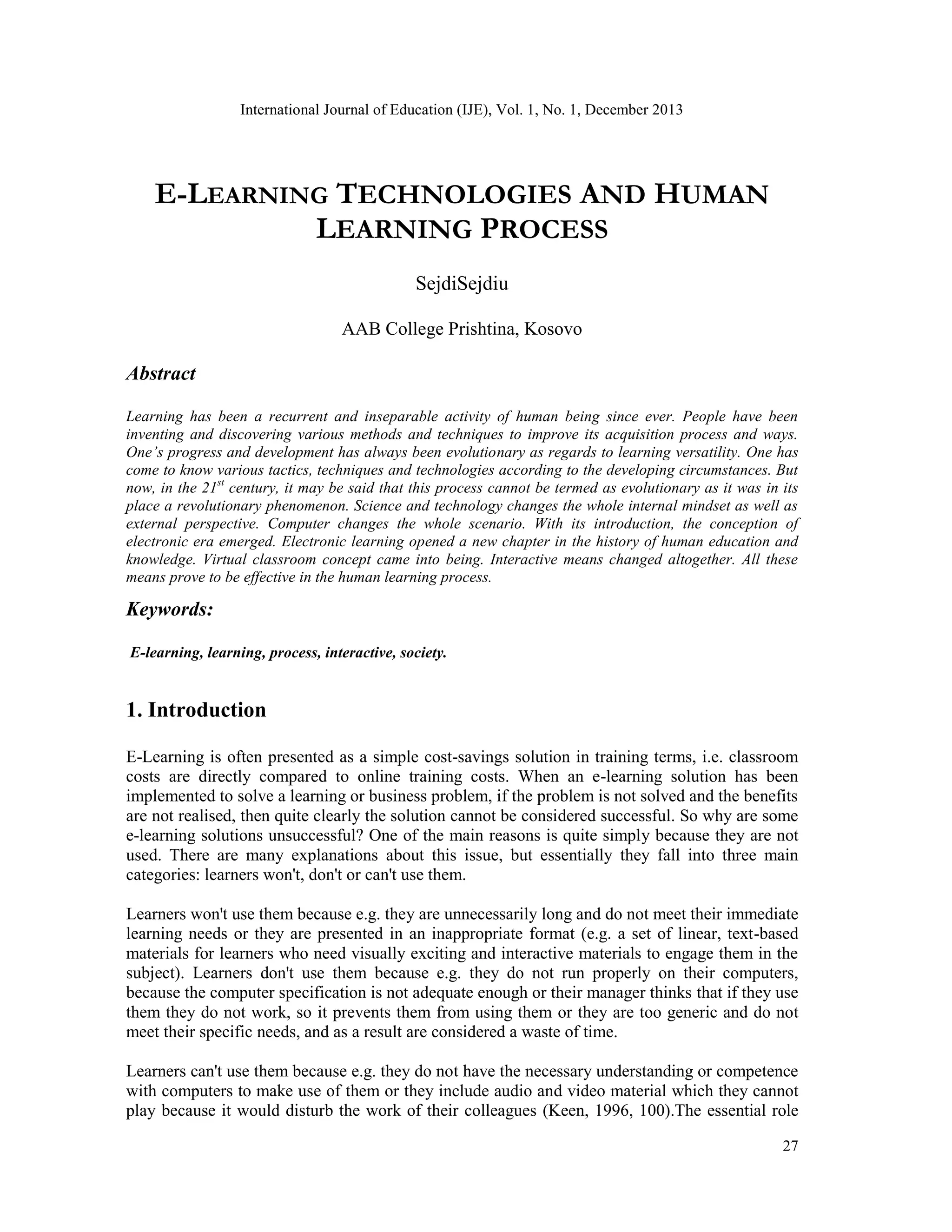 E-LEARNING TECHNOLOGIES AND HUMAN LEARNING PROCESS | PDF