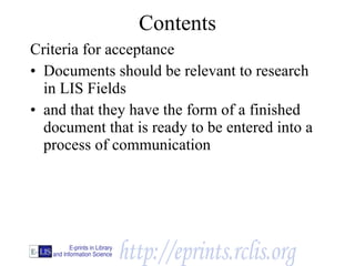 E-LIS: an Eprints LIS Repository | PPT
