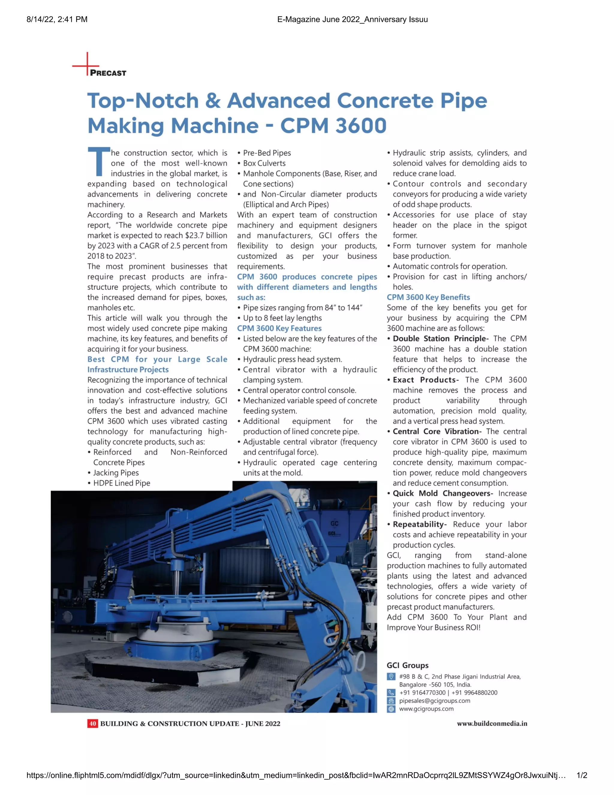 Concrete Pipe Making Machine (CPM 3600) | PDF