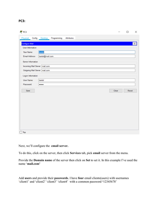 Email server configuration on cisco packet tracer | PDF