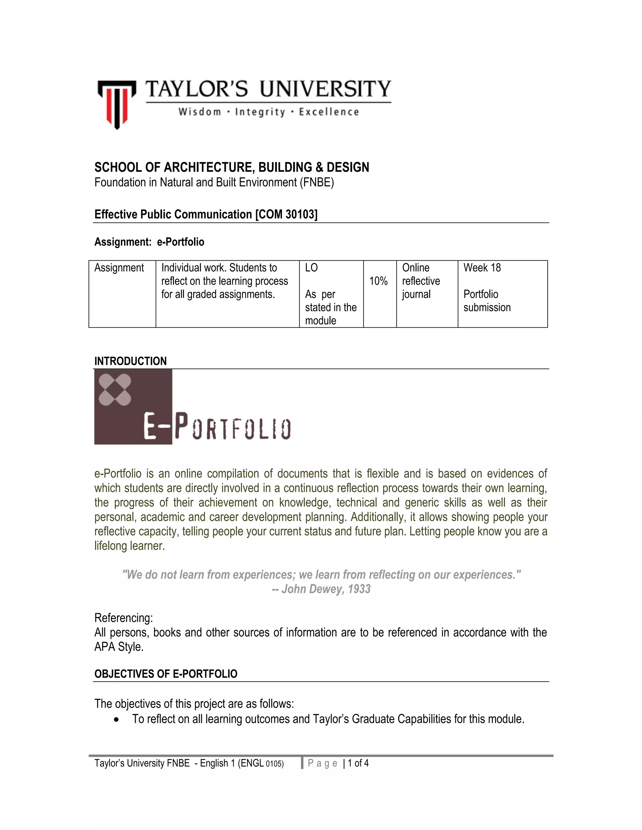 E portfolio assignment september 2015 | PDF