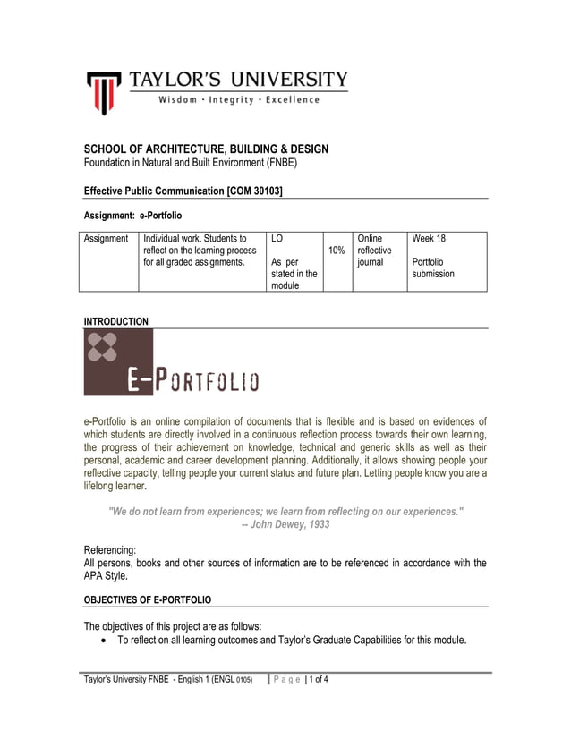 E portfolio assignment september 2015 | PDF